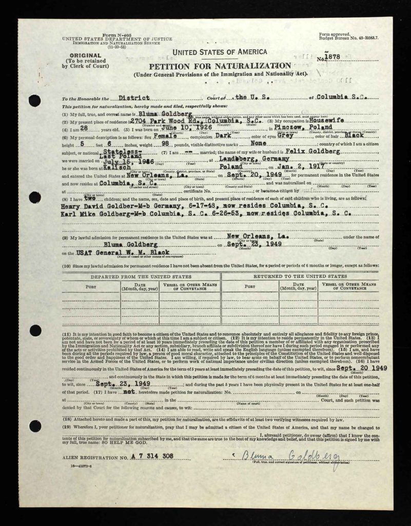 Bluma Goldberg Petition For Naturalization - Stories Of Survival